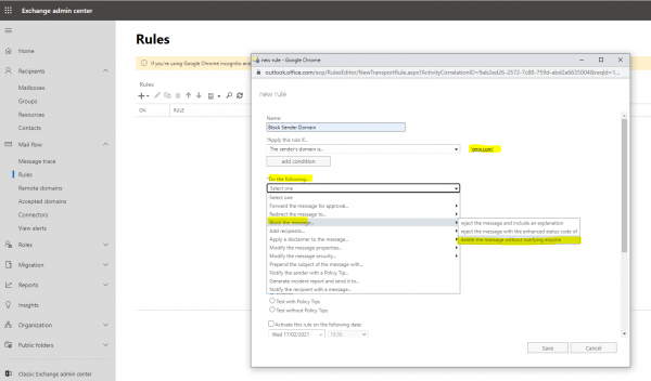Office 365 / Exchange Online Block Sender Domain - .matrixpost.net