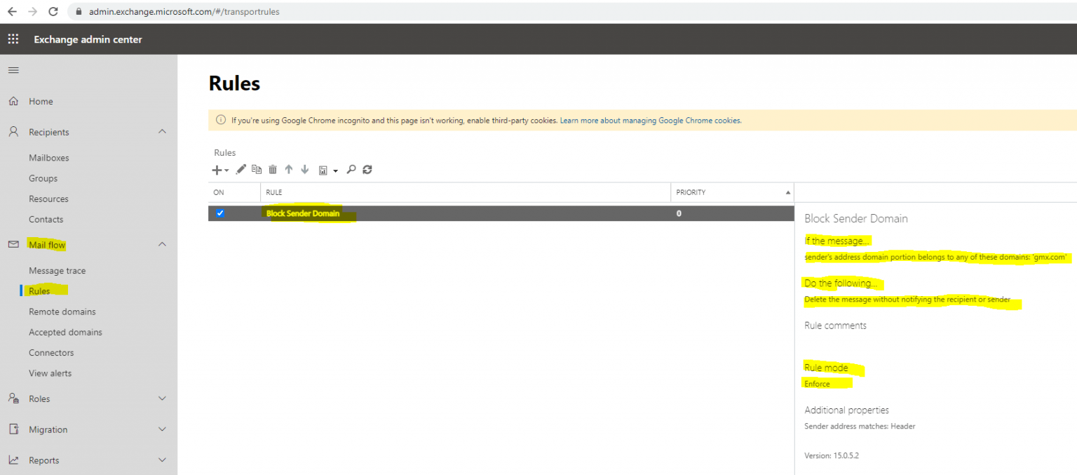 Office 365 / Exchange Online Block Sender Domain - .matrixpost.net