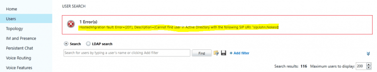 Move Csuser Hostedmigration Fault Error201 Descriptioncannot Find User In Active