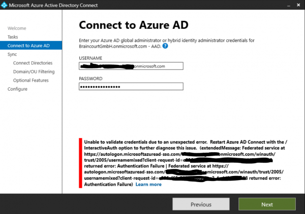 Azure AD Connect – Unable to validate credentials due to an unexpected error. - .matrixpost.net