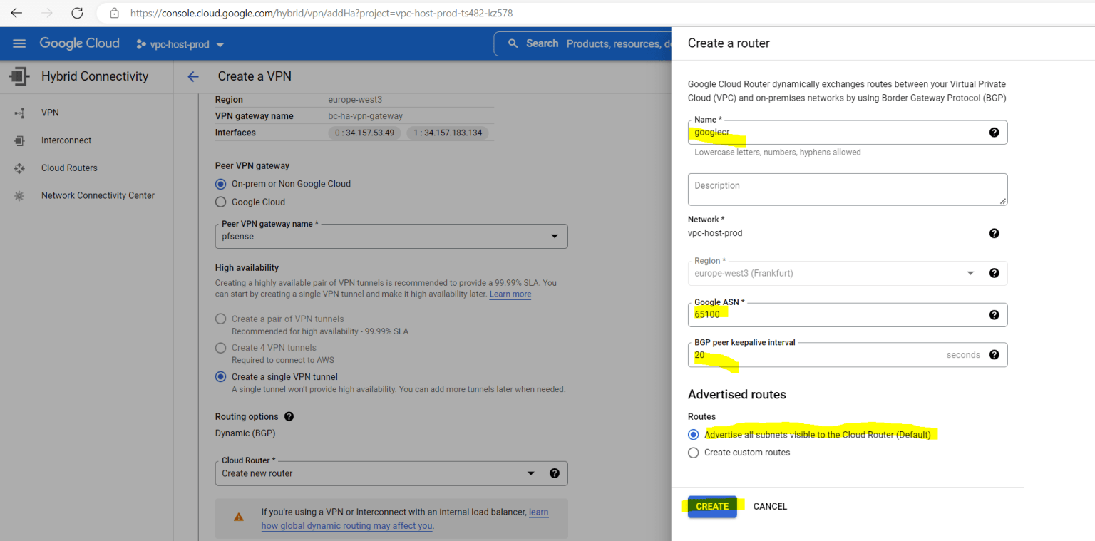 Set up IPSec route-based S2S VPN between pfSense and Google Cloud VPC ...