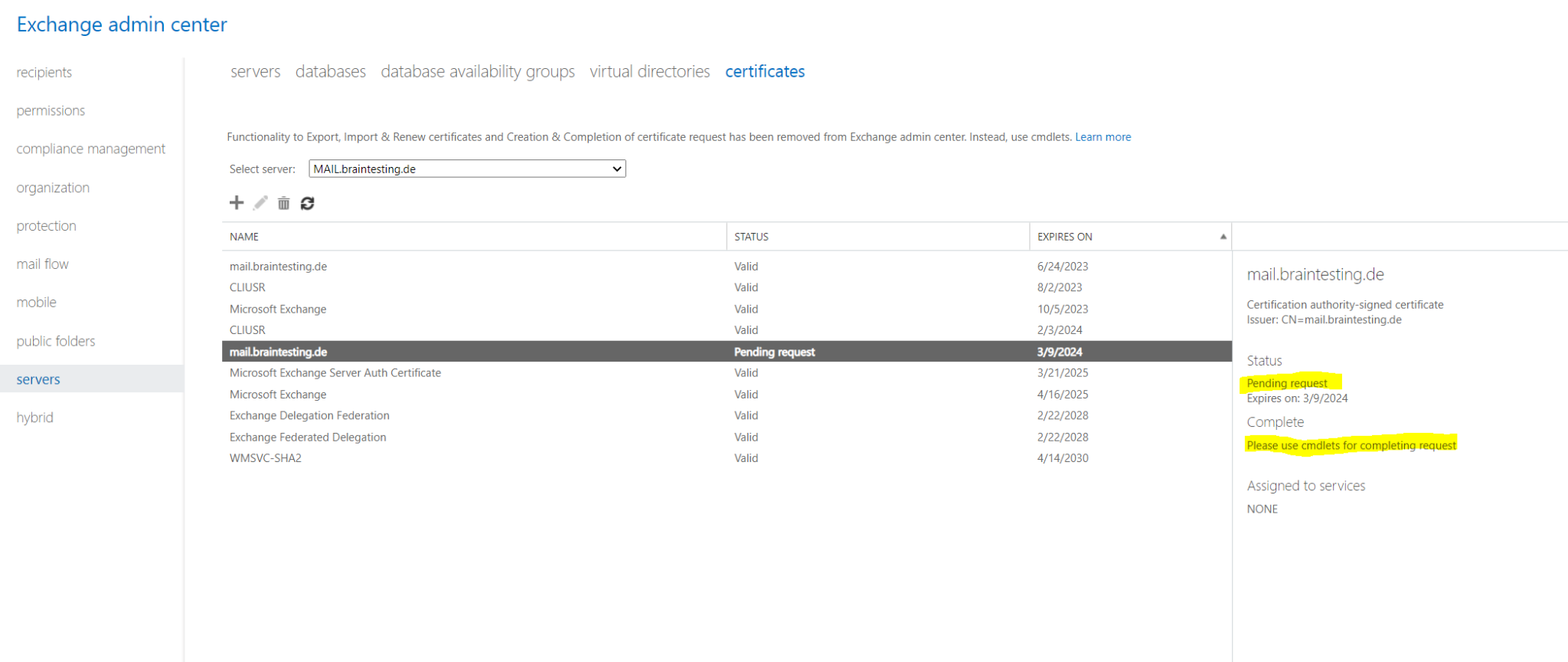Removal of Exchange Certificate (New-,Renew-,Import-,Export-) Handling ...