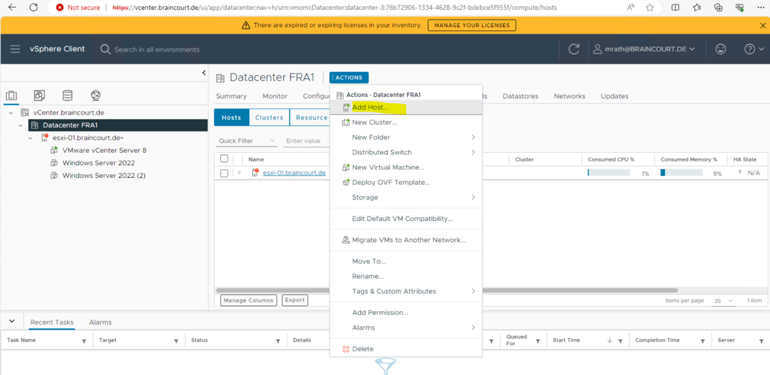 Adding And Configuring A New Esxi Host In Vsphere Vcenter Server
