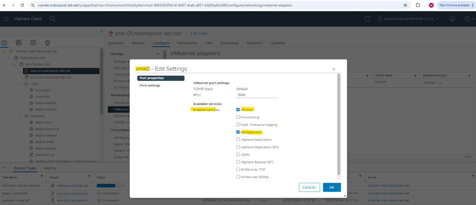 The vMotion interface is not configured (or is misconfigured) on the ...