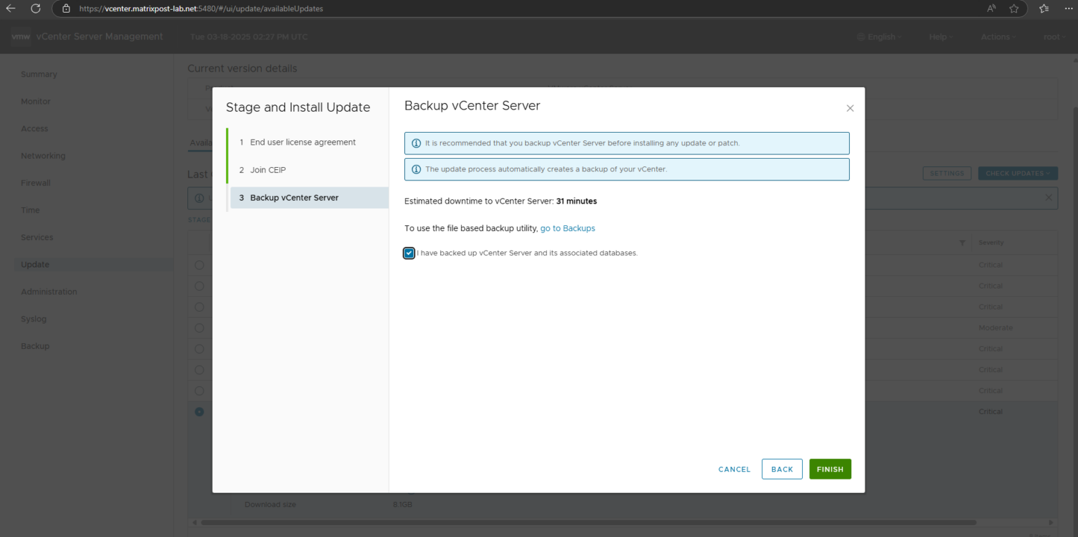 How to update/upgrade vCenter Server (VCSA) by using the vCenter Server ...